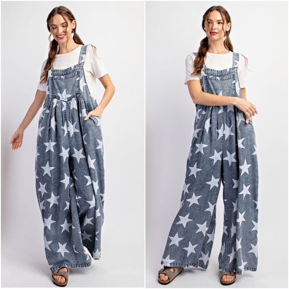 Pants & Jumpsuits | 77 Mineral Wash Tencel Star Print Wide Leg Overalls ...